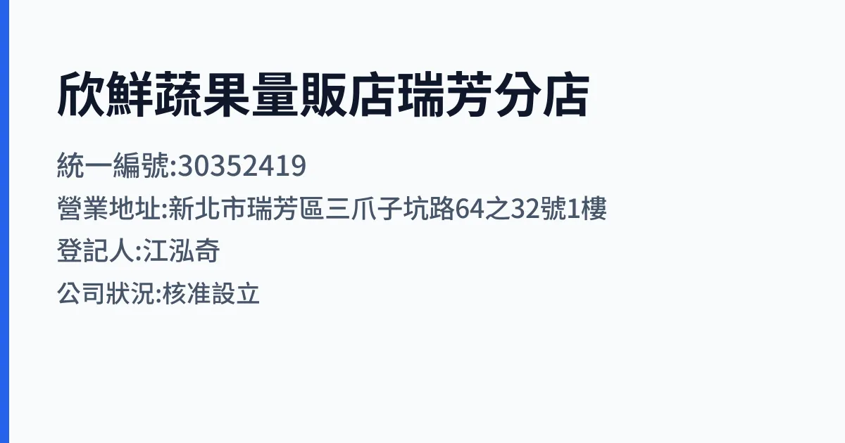 欣鮮蔬果量販店瑞芳分店 - 統編 30352419(新北市) 公司登記資料與營業項目詳細圖表