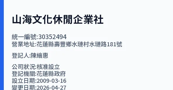 山海文化休閒企業社的照片-統編 30352494(花蓮縣) 公司登記資料與營業項目詳細圖表
