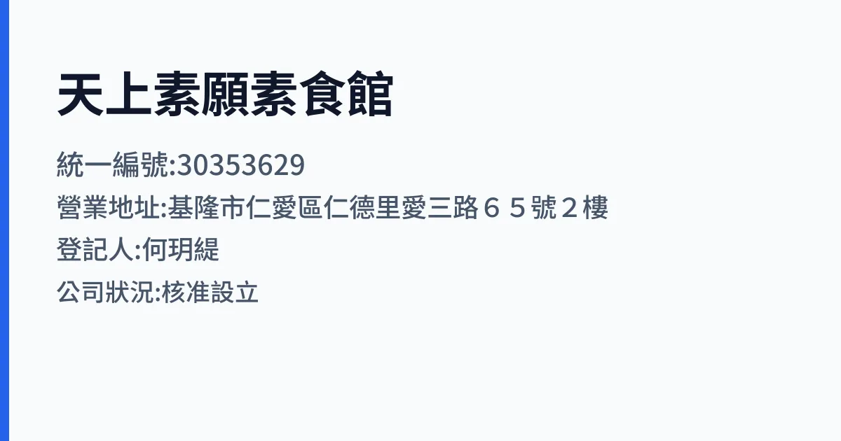 天上素願素食館 - 統編 30353629(基隆市) 公司登記資料與營業項目詳細圖表