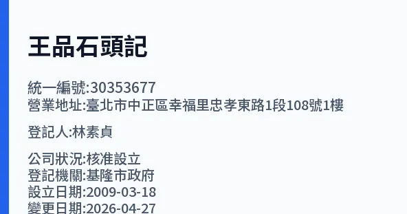 王品石頭記的照片-統編 30353677(臺北市) 公司登記資料與營業項目詳細圖表