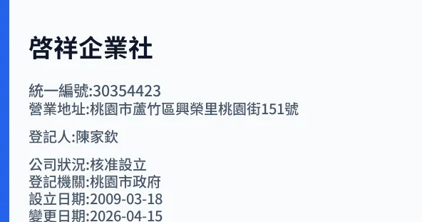啓祥企業社的照片-統編 30354423(桃園市) 公司登記資料與營業項目詳細圖表