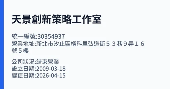 天景創新策略工作室的照片-統編 30354937(新北市) 公司登記資料與營業項目詳細圖表