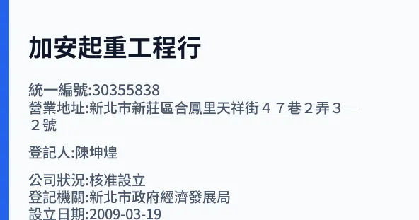 加安起重工程行的照片-統編 30355838(新北市) 公司登記資料與營業項目詳細圖表