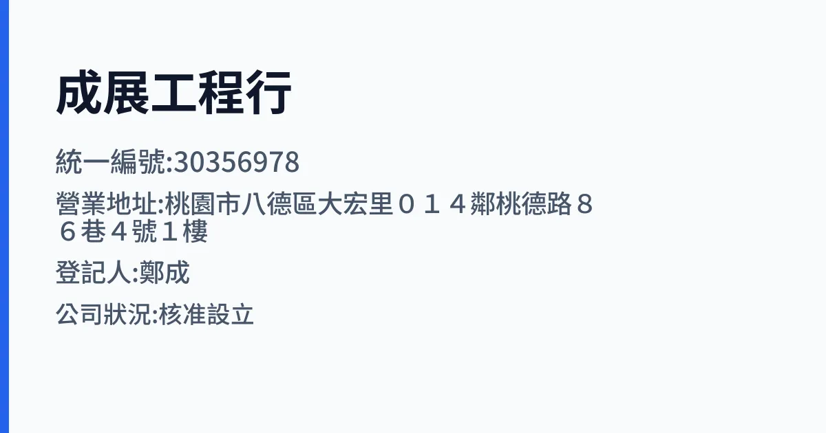 成展工程行 - 統編 30356978(桃園市) 公司登記資料與營業項目詳細圖表