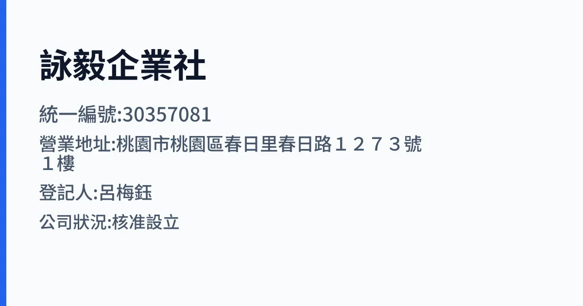 詠毅企業社 - 統編 30357081(桃園市) 公司登記資料與營業項目詳細圖表