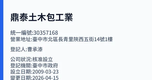 鼎泰土木包工業的照片-統編 30357168(臺中市) 公司登記資料與營業項目詳細圖表