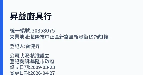 昇益廚具行的照片-統編 30358075(基隆市) 公司登記資料與營業項目詳細圖表