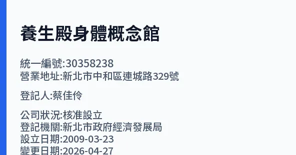 養生殿身體概念館的照片-統編 30358238(新北市) 公司登記資料與營業項目詳細圖表