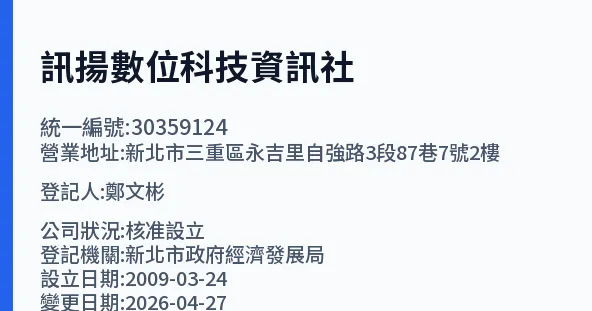 訊揚數位科技資訊社的照片-統編 30359124(新北市) 公司登記資料與營業項目詳細圖表