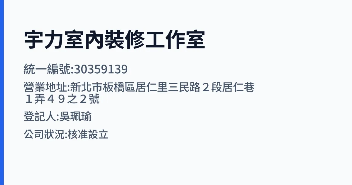 宇力室內裝修工作室 - 統編 30359139(新北市) 公司登記資料與營業項目詳細圖表