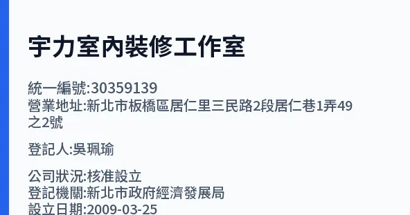 宇力室內裝修工作室的照片-統編 30359139(新北市) 公司登記資料與營業項目詳細圖表