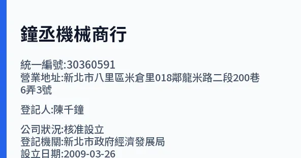 鐘丞機械商行的照片-統編 30360591(新北市) 公司登記資料與營業項目詳細圖表