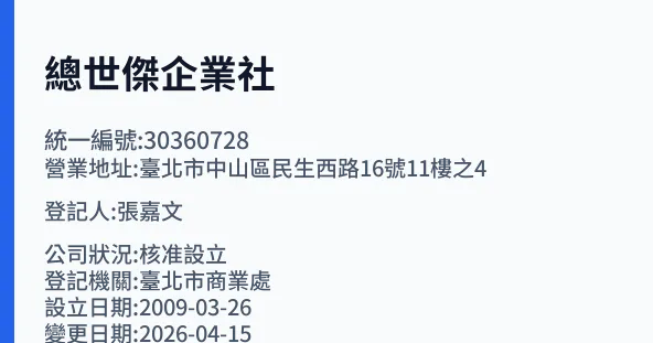 總世傑企業社的照片-統編 30360728(臺北市) 公司登記資料與營業項目詳細圖表
