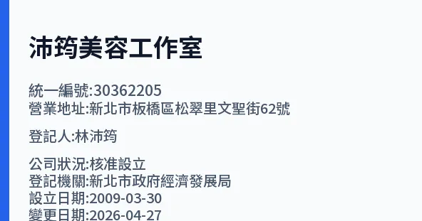 沛筠美容工作室的照片-統編 30362205(新北市) 公司登記資料與營業項目詳細圖表