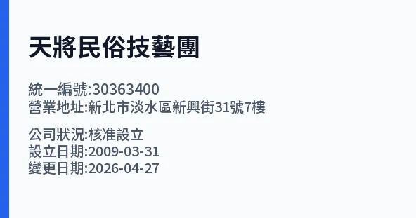 天將民俗技藝團的照片-統編 30363400(新北市) 公司登記資料與營業項目詳細圖表