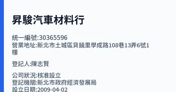 昇駿汽車材料行的照片-統編 30365596(新北市) 公司登記資料與營業項目詳細圖表
