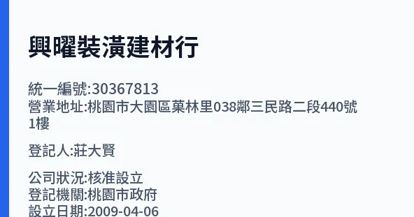 興曜裝潢建材行的照片-統編 30367813(桃園市) 公司登記資料與營業項目詳細圖表