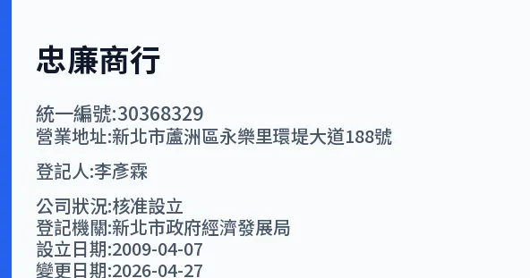 忠廉商行的照片-統編 30368329(新北市) 公司登記資料與營業項目詳細圖表