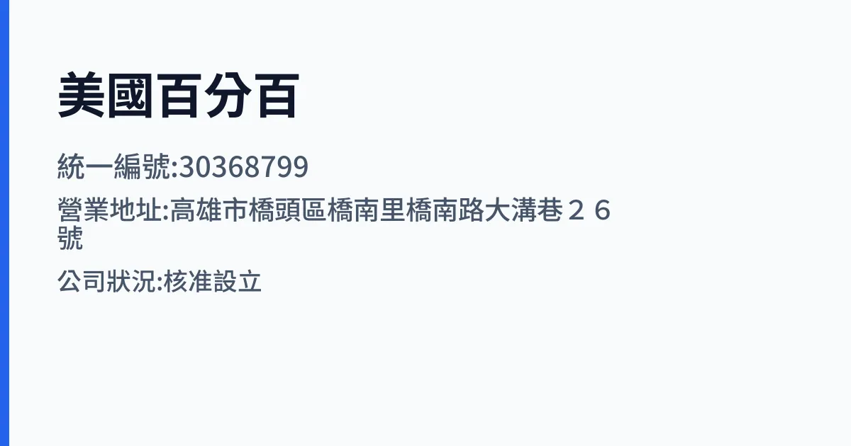 美國百分百 - 統編 30368799(高雄市) 公司登記資料與營業項目詳細圖表
