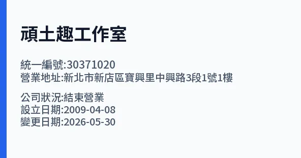 頑土趣工作室的照片-統編 30371020(新北市) 公司登記資料與營業項目詳細圖表