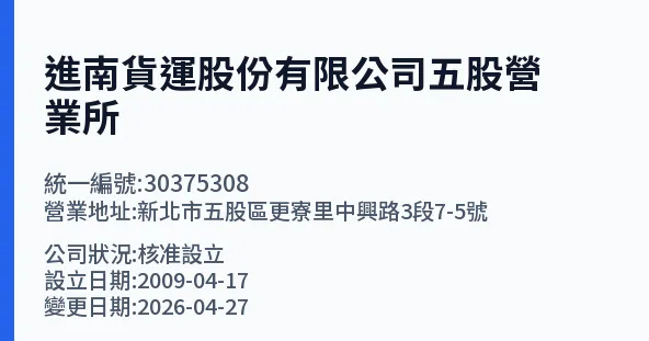 進南貨運股份有限公司五股營業所的照片-統編 30375308(新北市) 公司登記資料與營業項目詳細圖表