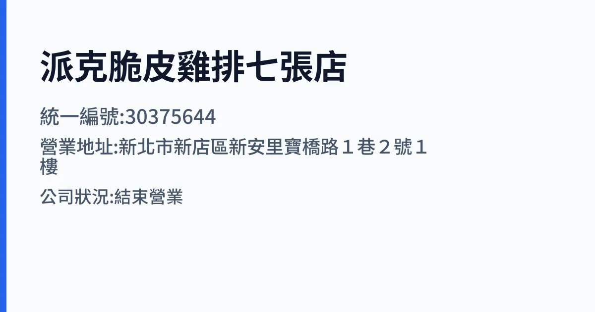 派克脆皮雞排七張店 - 統編 30375644(新北市) 公司登記資料與營業項目詳細圖表