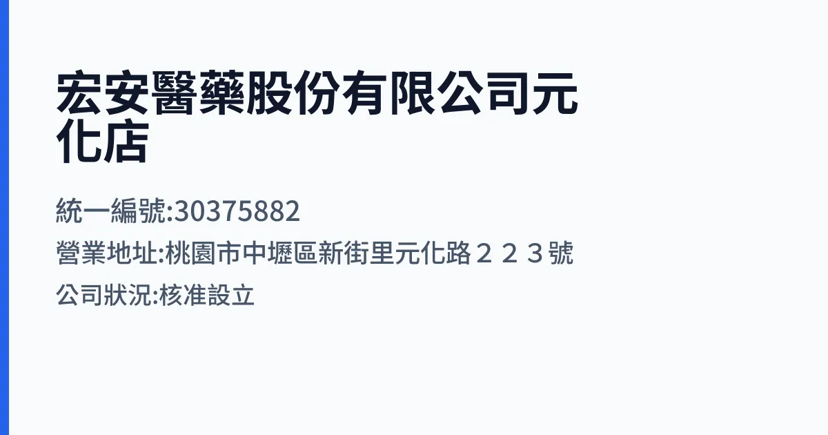 宏安醫藥股份有限公司元化店 - 統編 30375882(桃園市) 公司登記資料與營業項目詳細圖表