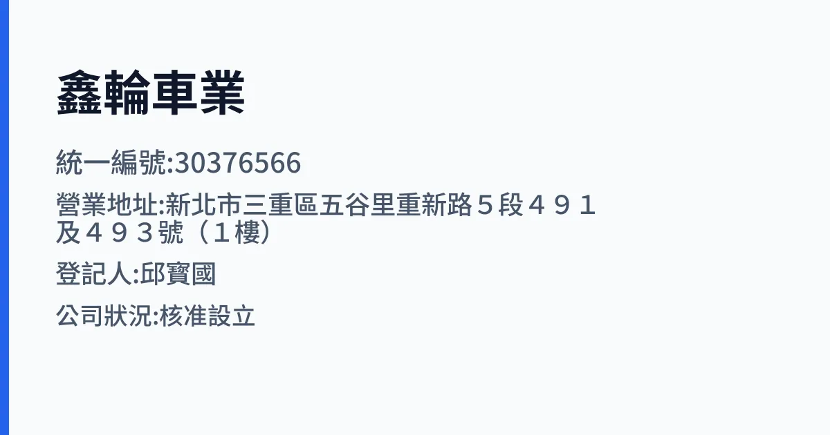 鑫輪車業 - 統編 30376566(新北市) 公司登記資料與營業項目詳細圖表
