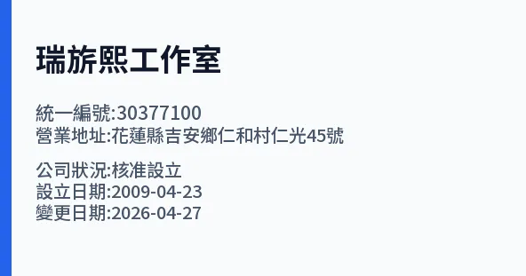 瑞旂熙工作室的照片-統編 30377100(花蓮縣) 公司登記資料與營業項目詳細圖表