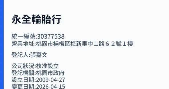 永全輪胎行的照片-統編 30377538(桃園市) 公司登記資料與營業項目詳細圖表