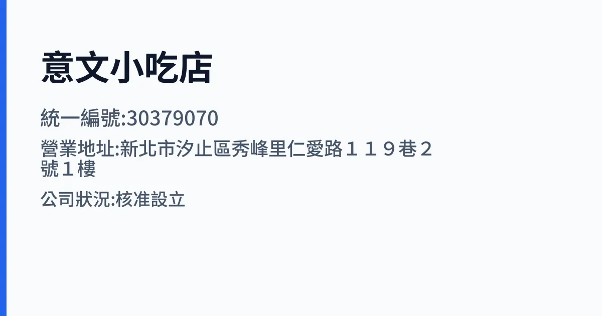 意文小吃店 - 統編 30379070(新北市) 公司登記資料與營業項目詳細圖表