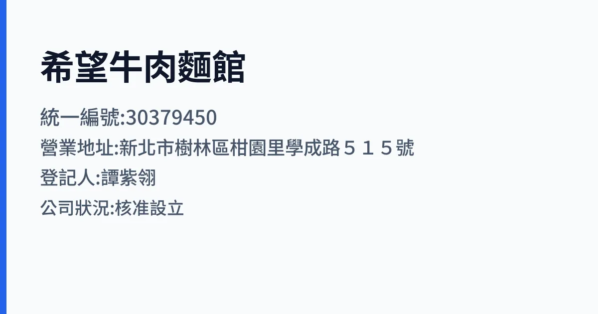 希望牛肉麵館 - 統編 30379450(新北市) 公司登記資料與營業項目詳細圖表