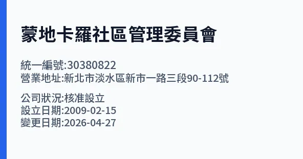 蒙地卡羅社區管理委員會的照片-統編 30380822(新北市) 公司登記資料與營業項目詳細圖表