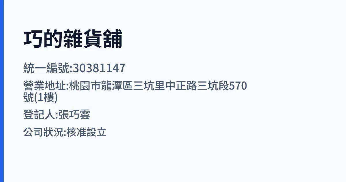 巧的雜貨舖 - 統編 30381147(桃園市) 公司登記資料與營業項目詳細圖表