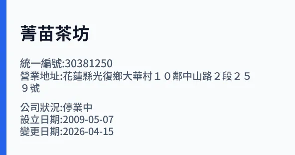 菁苗茶坊的照片-統編 30381250(花蓮縣) 公司登記資料與營業項目詳細圖表