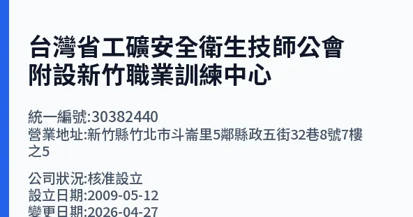 台灣省工礦安全衛生技師公會附設新竹職業訓練中心的照片-統編 30382440(新竹縣) 公司登記資料與營業項目詳細圖表