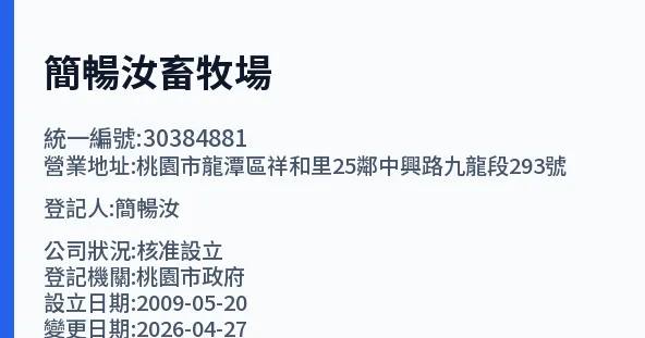 簡暢汝畜牧場的照片-統編 30384881(桃園市) 公司登記資料與營業項目詳細圖表