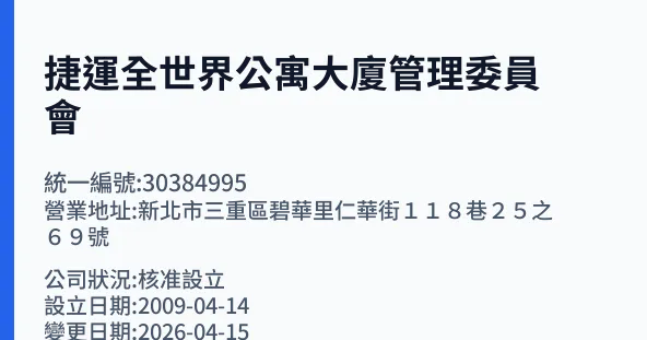 捷運全世界公寓大廈管理委員會的照片-統編 30384995(新北市) 公司登記資料與營業項目詳細圖表