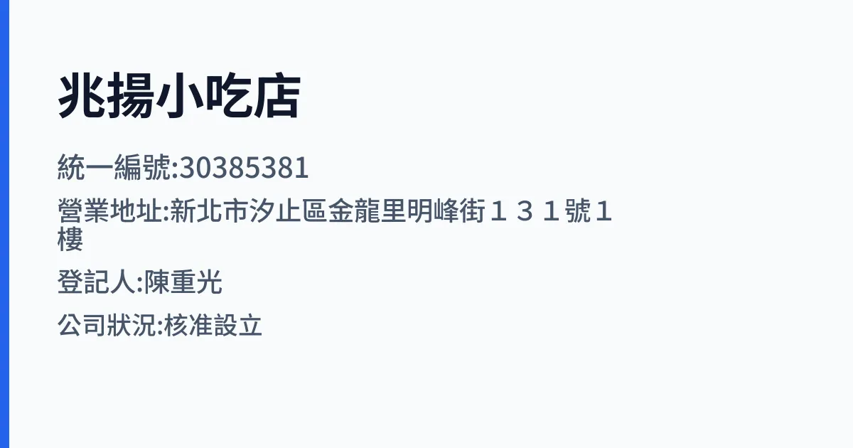 兆揚小吃店 - 統編 30385381(新北市) 公司登記資料與營業項目詳細圖表
