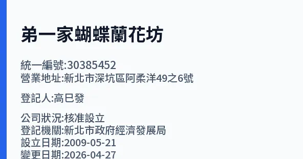 弟一家蝴蝶蘭花坊的照片-統編 30385452(新北市) 公司登記資料與營業項目詳細圖表