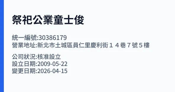 祭祀公業童士俊的照片-統編 30386179(新北市) 公司登記資料與營業項目詳細圖表