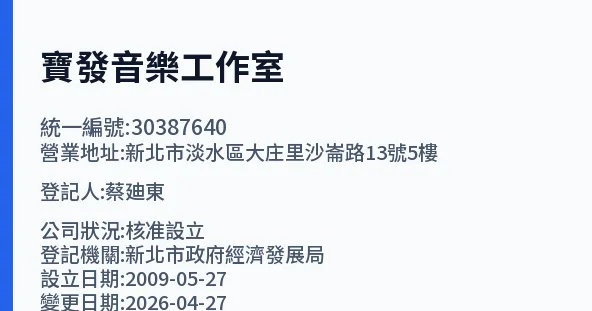 寶發音樂工作室的照片-統編 30387640(新北市) 公司登記資料與營業項目詳細圖表