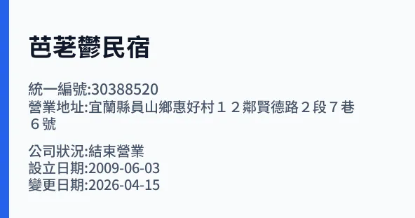 芭荖鬱民宿的照片-統編 30388520(宜蘭縣) 公司登記資料與營業項目詳細圖表