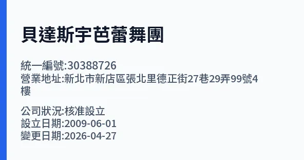 貝達斯宇芭蕾舞團的照片-統編 30388726(新北市) 公司登記資料與營業項目詳細圖表