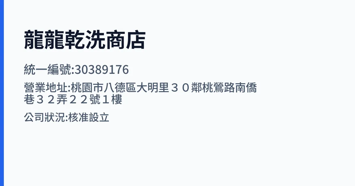 龍龍乾洗商店 - 統編 30389176(桃園市) 公司登記資料與營業項目詳細圖表