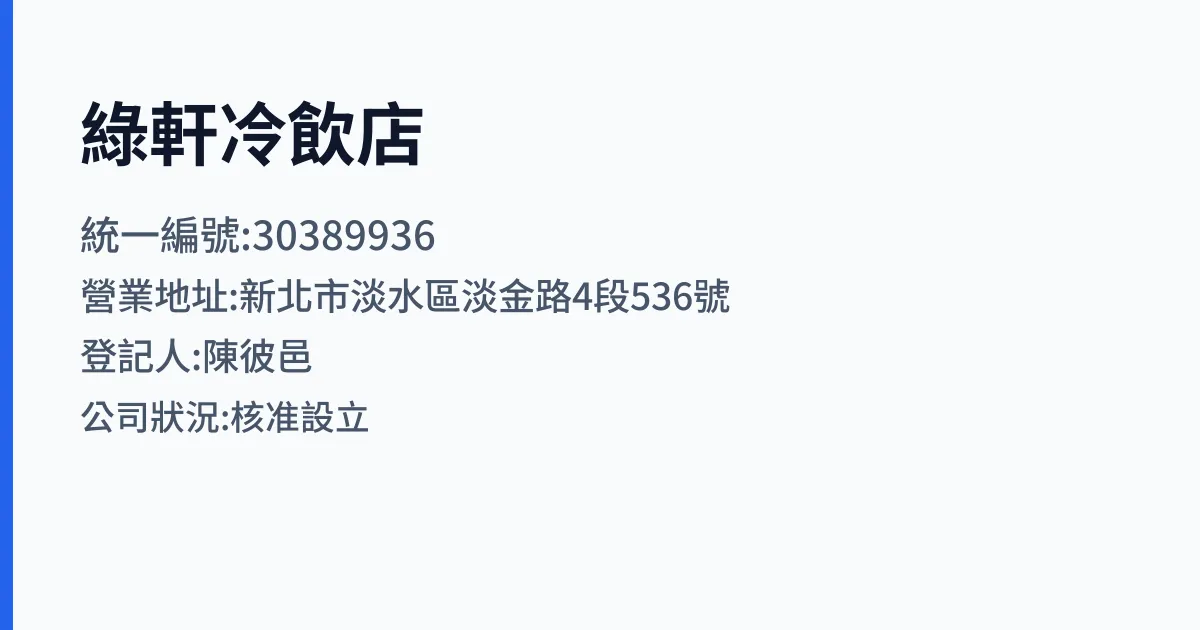 綠軒冷飲店 - 統編 30389936(新北市) 公司登記資料與營業項目詳細圖表