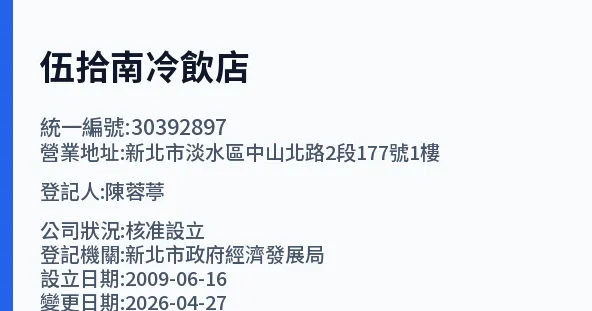 伍拾南冷飲店的照片-統編 30392897(新北市) 公司登記資料與營業項目詳細圖表
