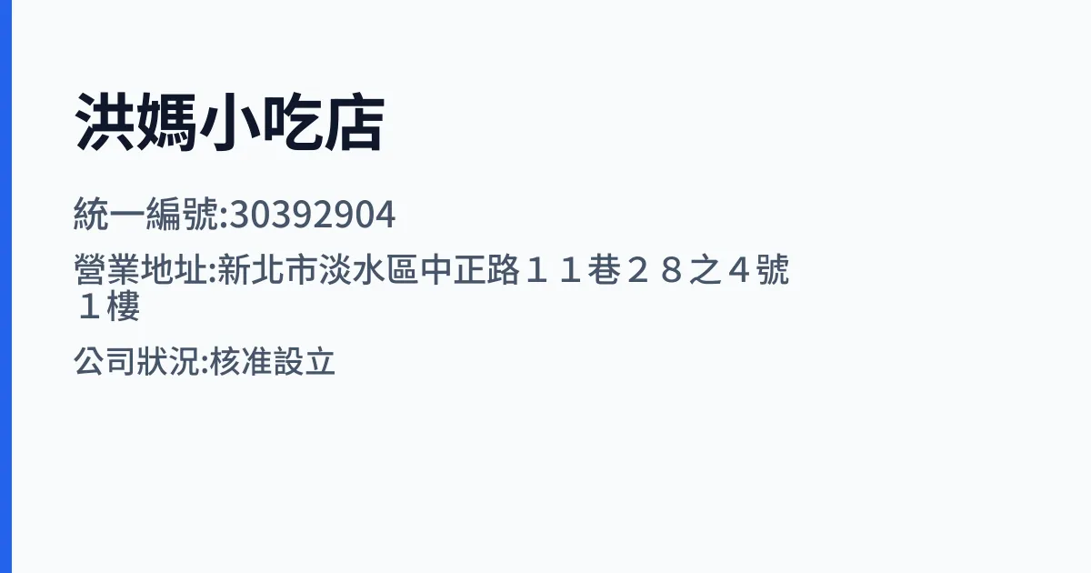 洪媽小吃店 - 統編 30392904(新北市) 公司登記資料與營業項目詳細圖表