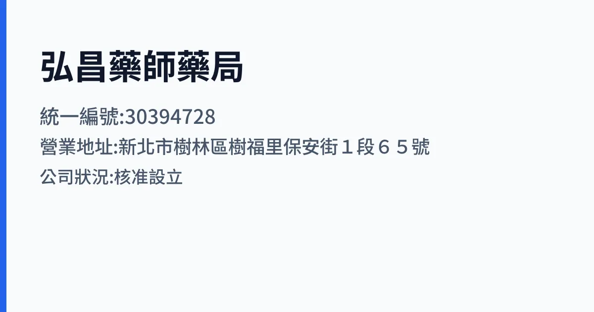 弘昌藥師藥局 - 統編 30394728(新北市) 公司登記資料與營業項目詳細圖表