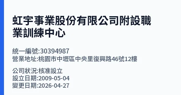虹宇事業股份有限公司附設職業訓練中心的照片-統編 30394987(桃園市) 公司登記資料與營業項目詳細圖表